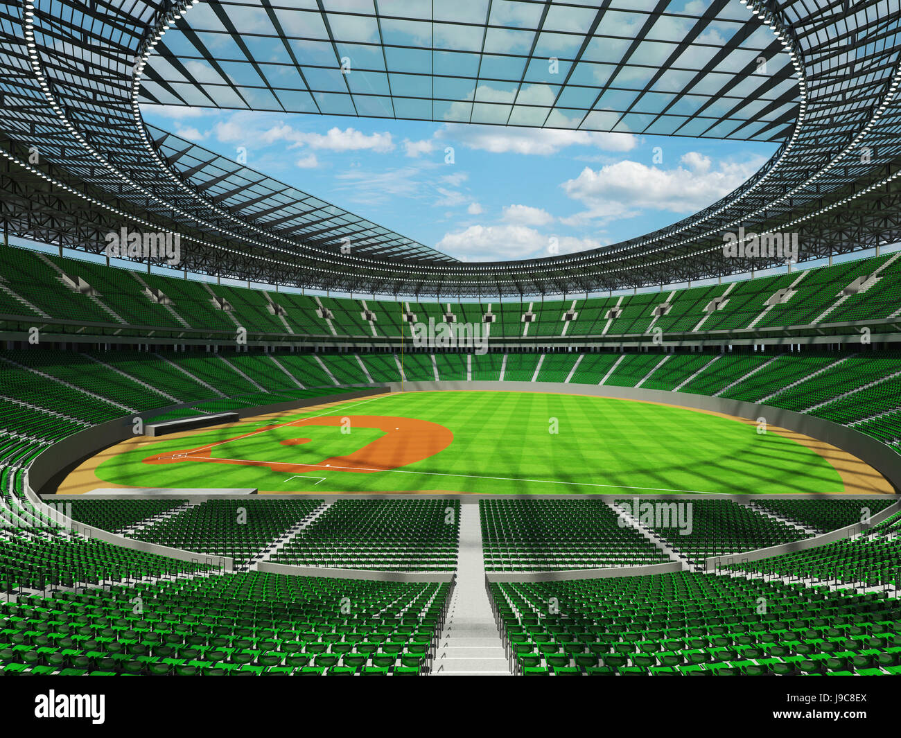 3D render of baseball stadium with green seats, VIP boxes and ...