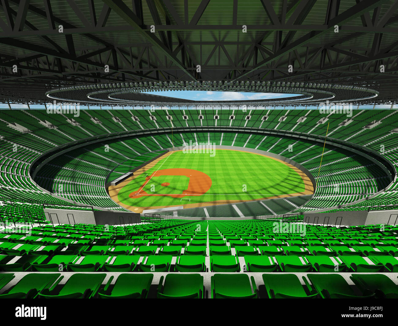 3D render of baseball stadium with green seats, VIP boxes and ...