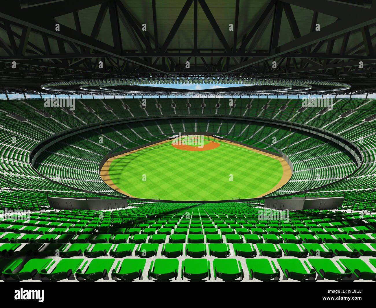3D render of baseball stadium with green seats, VIP boxes and ...