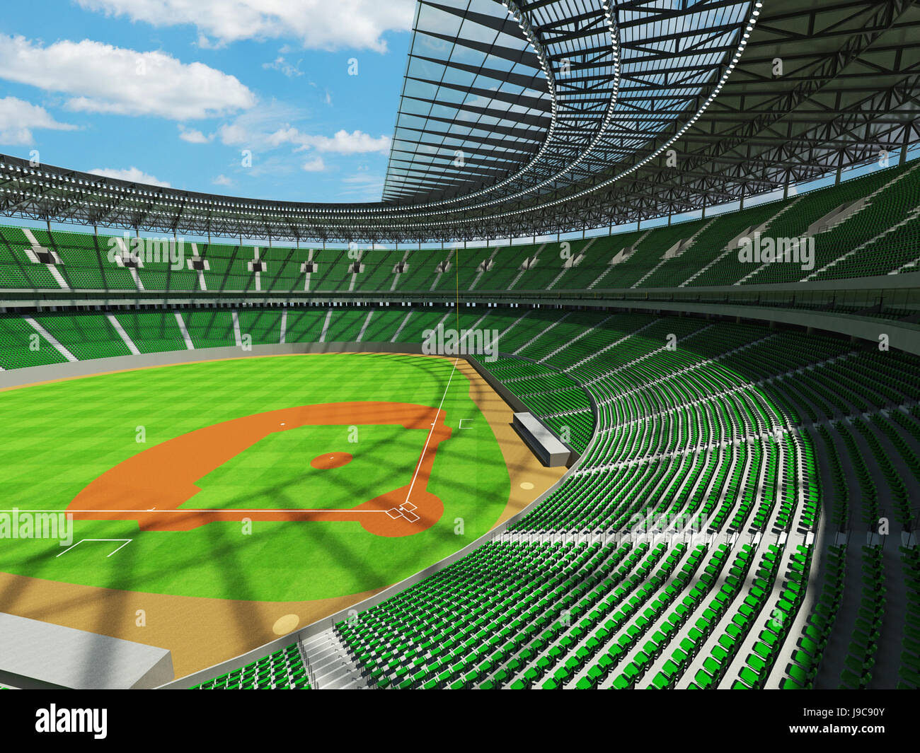 3D render of baseball stadium with green seats, VIP boxes and ...