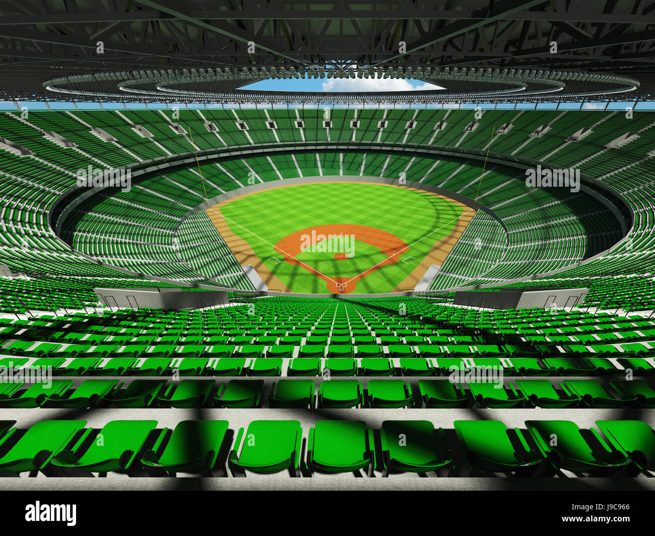 3D render of baseball stadium with green seats, VIP boxes and ...
