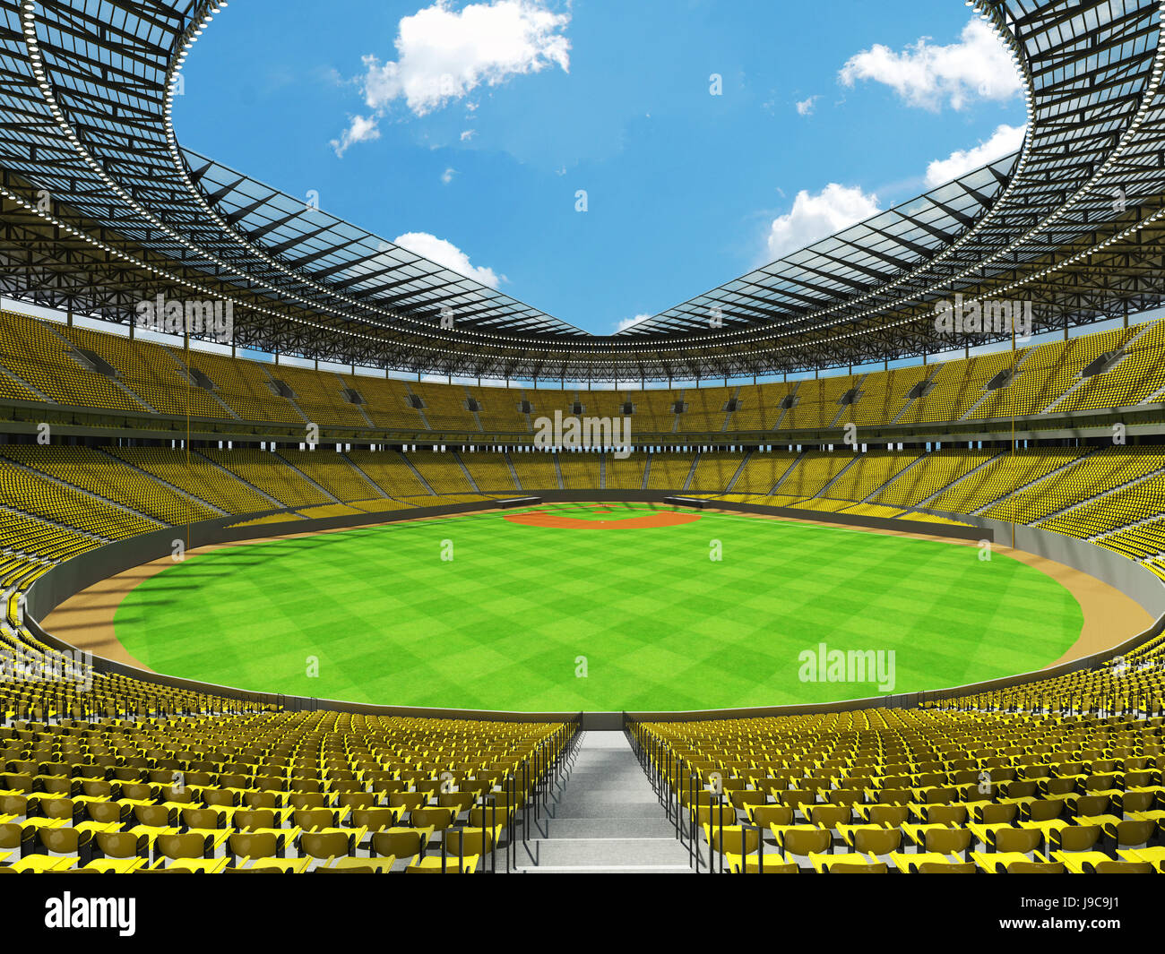 3D render of baseball stadium with yellow seats, VIP boxes and ...