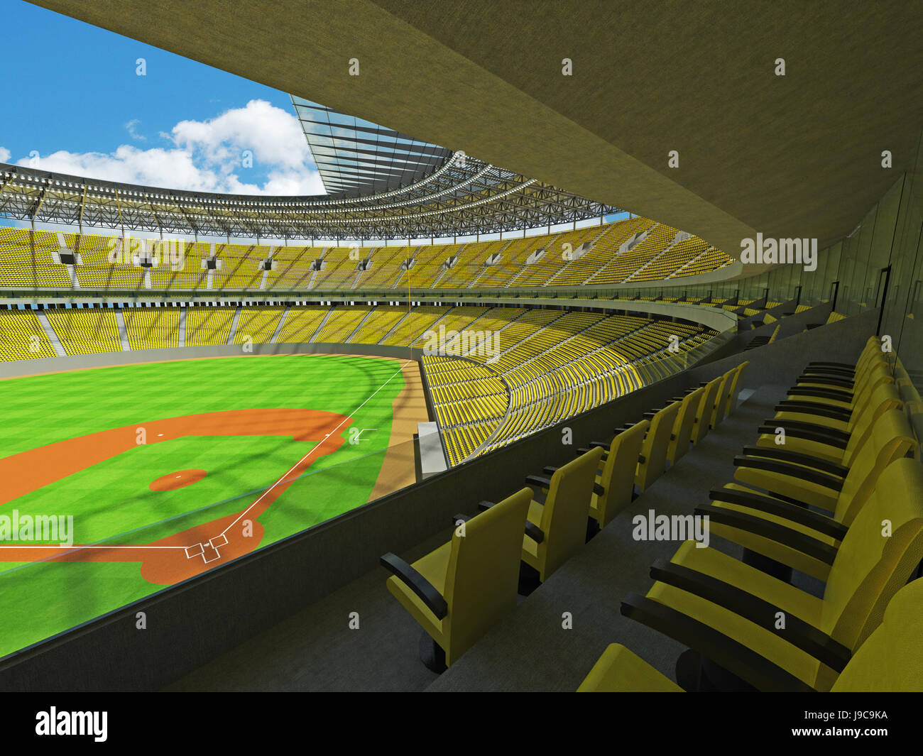 3D render of baseball stadium with yellow seats, VIP boxes and ...