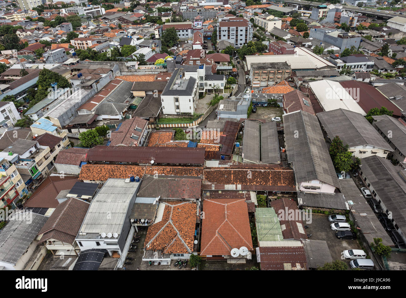 Aerial view of a residential district in the heart of Jakarta ...