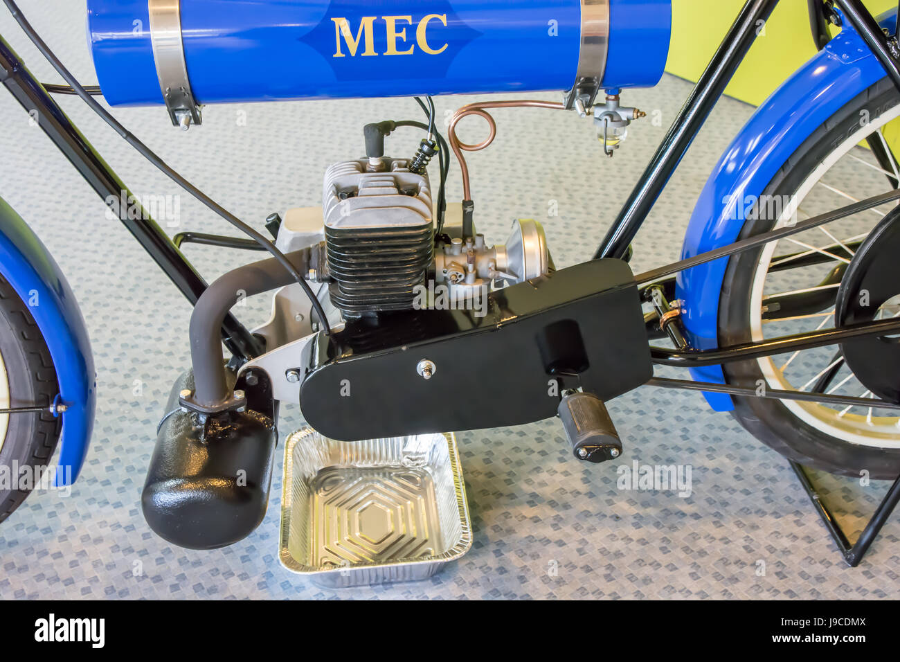 Close up of the Engine of a 1915 Motorcycle labelled MEC on display at ...