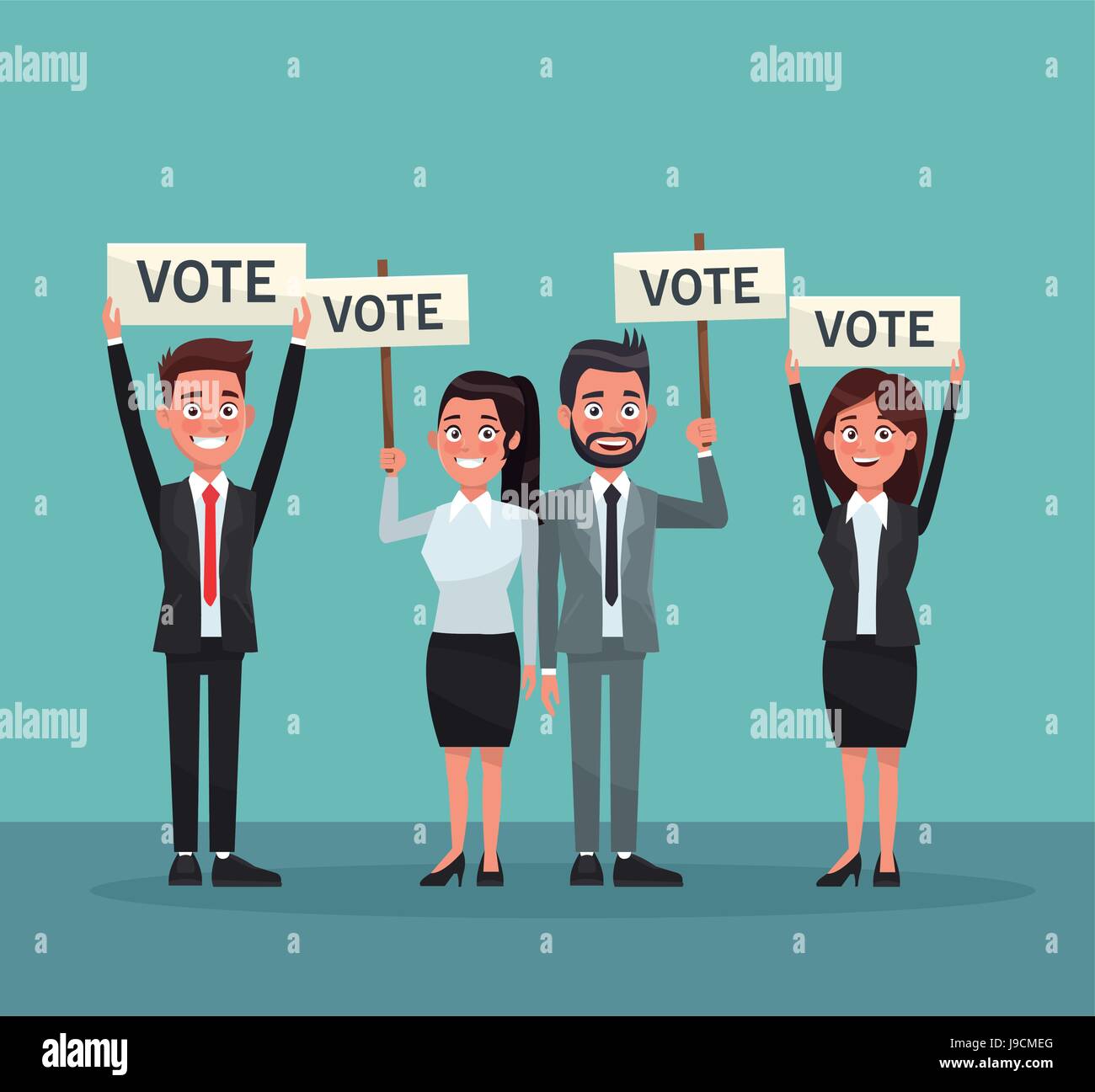 background scene set people in formal suit with banner promoving voting ...