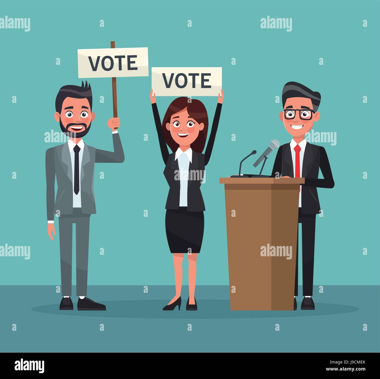 background scene set people in formal suit with banner promoving voting ...