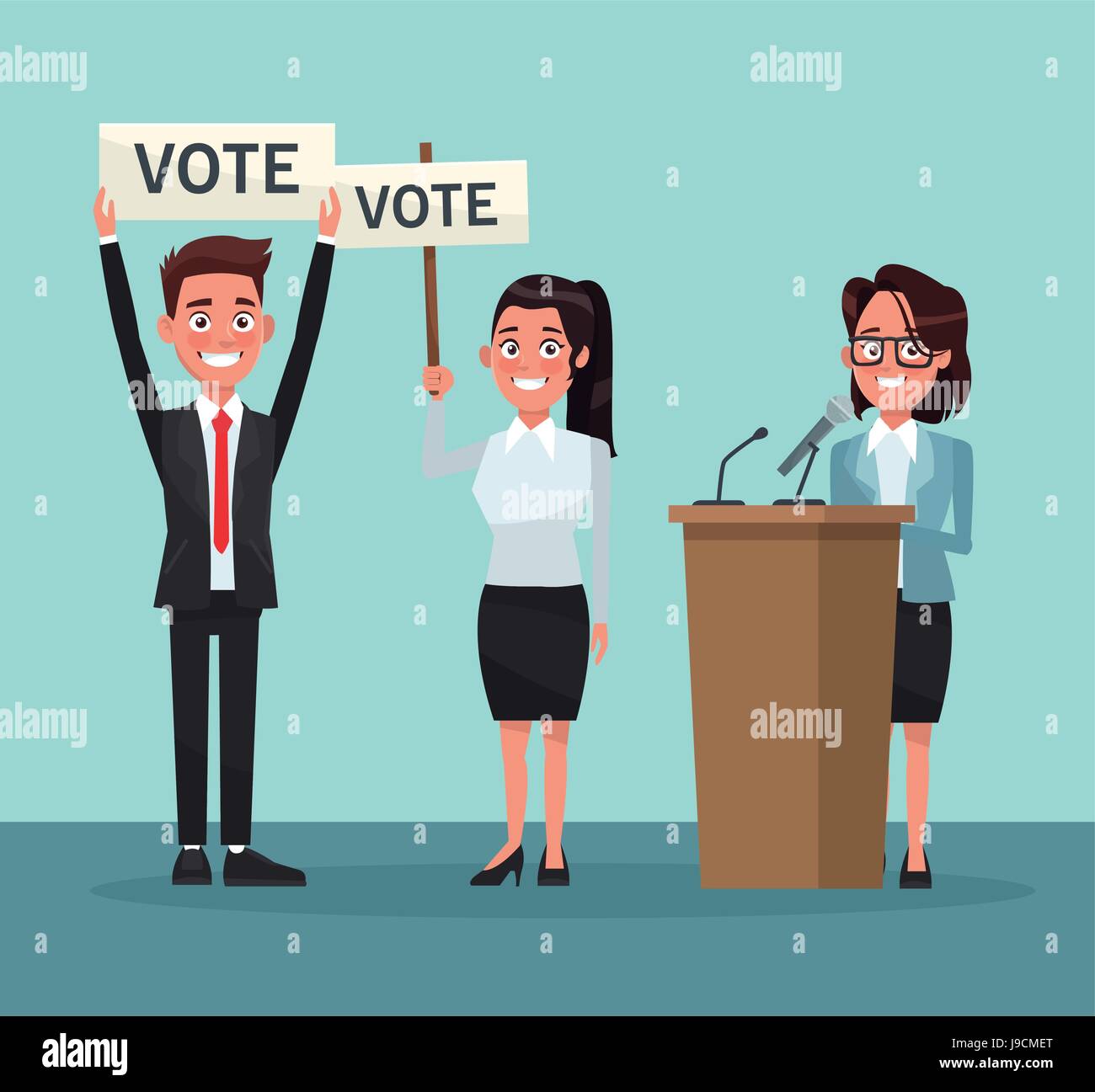 background scene set people in formal suit with banner promoving voting ...