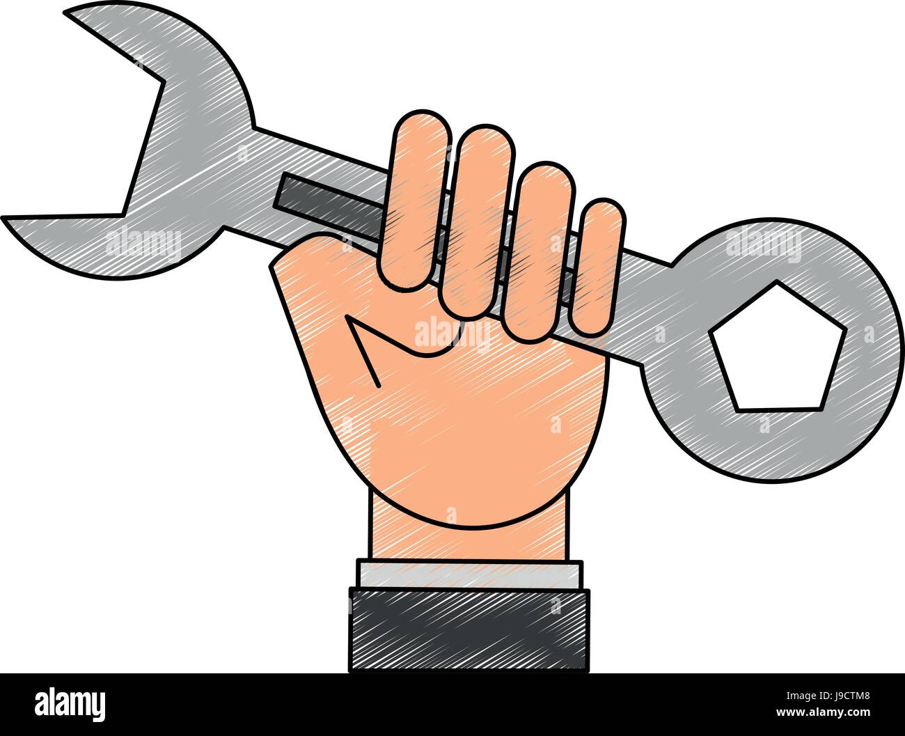 color pencil cartoon half body man holding a wrench tool Stock Vector ...