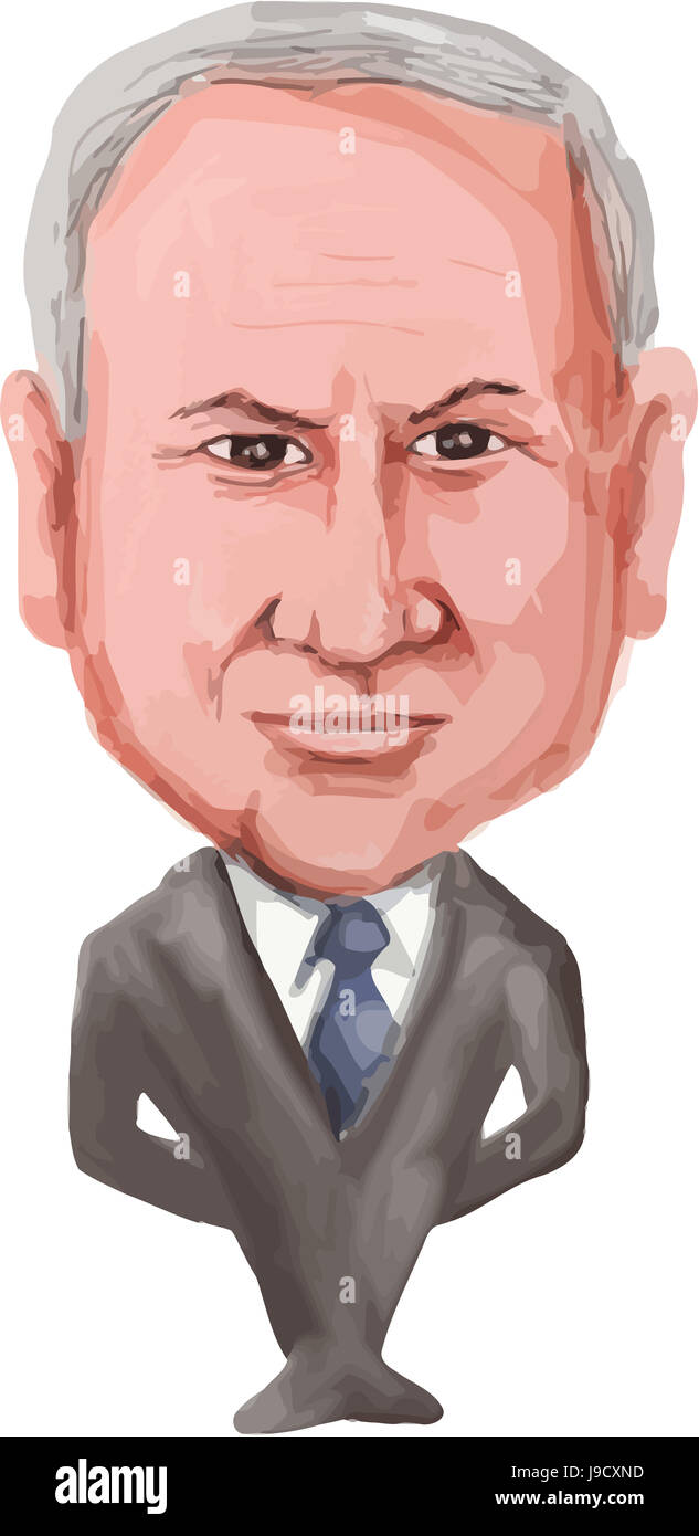 Water color caricature illustration of the 9th Prime Minister of Israel ...