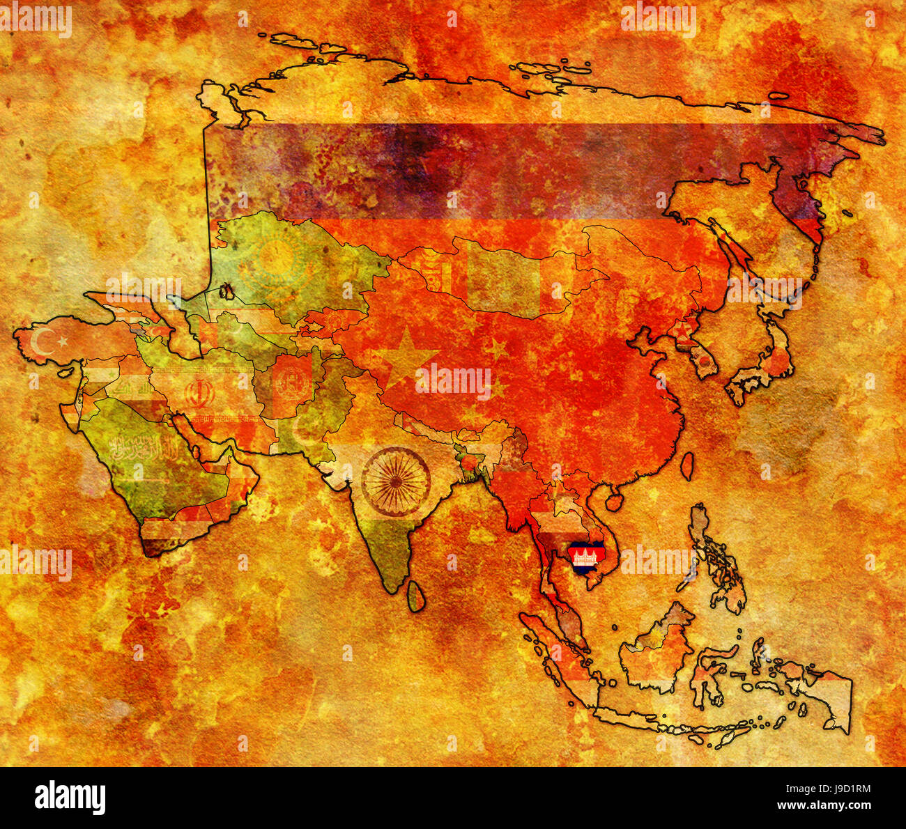political, colour, asia, wall, flag, rust, paint, outline, spray ...