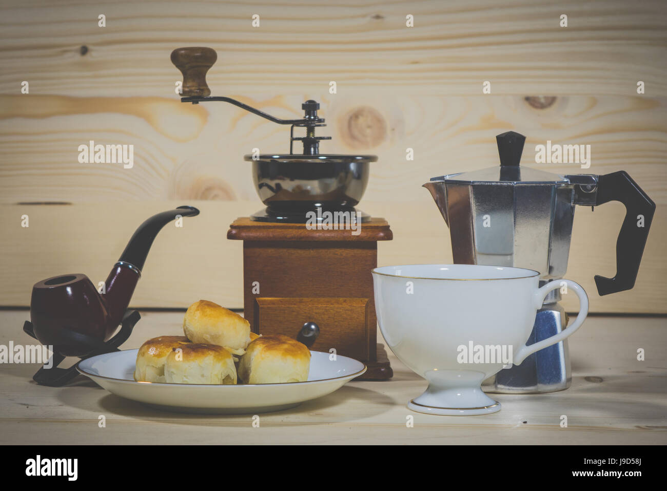 Fresh coffee machine Ancient coffee grinder Traditional wine boiler ...