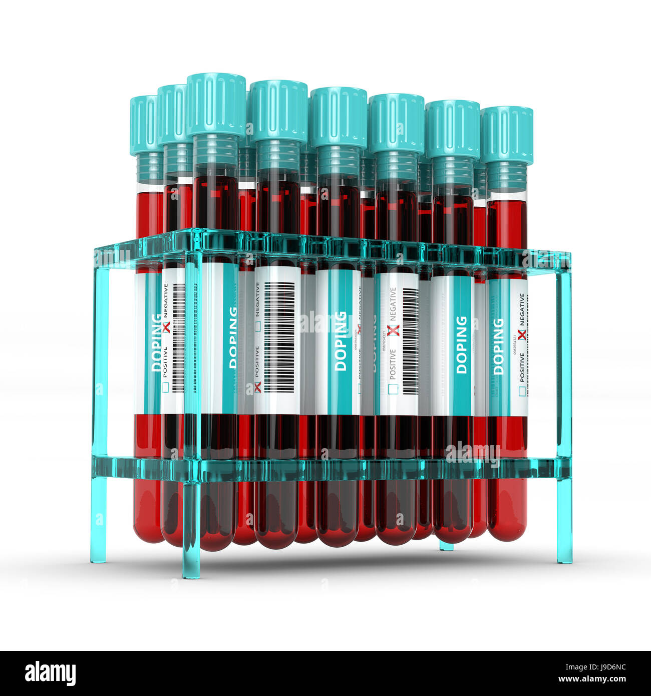 3D rendering of anti doping blood test tubes in rack isolated over ...