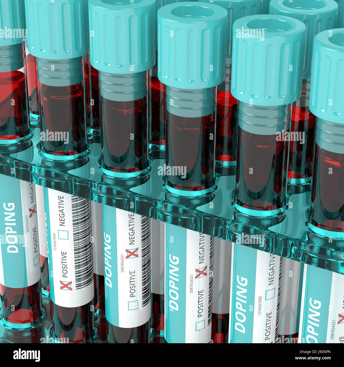 3D rendering of anti doping blood test tubes in rack. Positive result ...