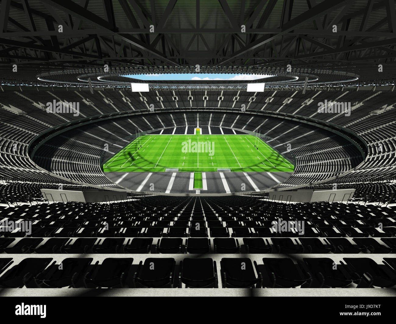 3D render of a round rugby stadium with black seats and VIP boxes for ...