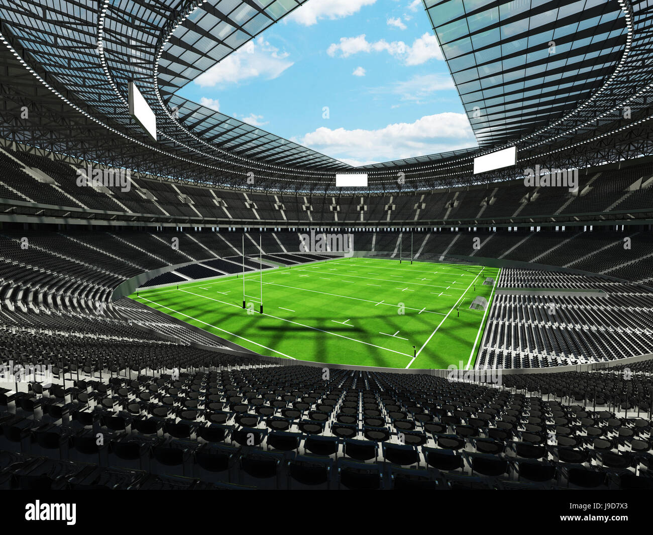 3D render of a round rugby stadium with black seats and VIP boxes for ...
