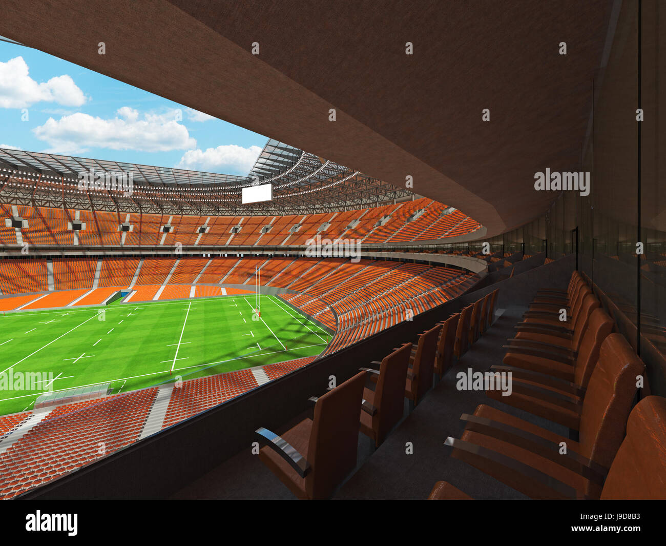 3D render of a round rugby stadium with orange seats and VIP boxes for ...