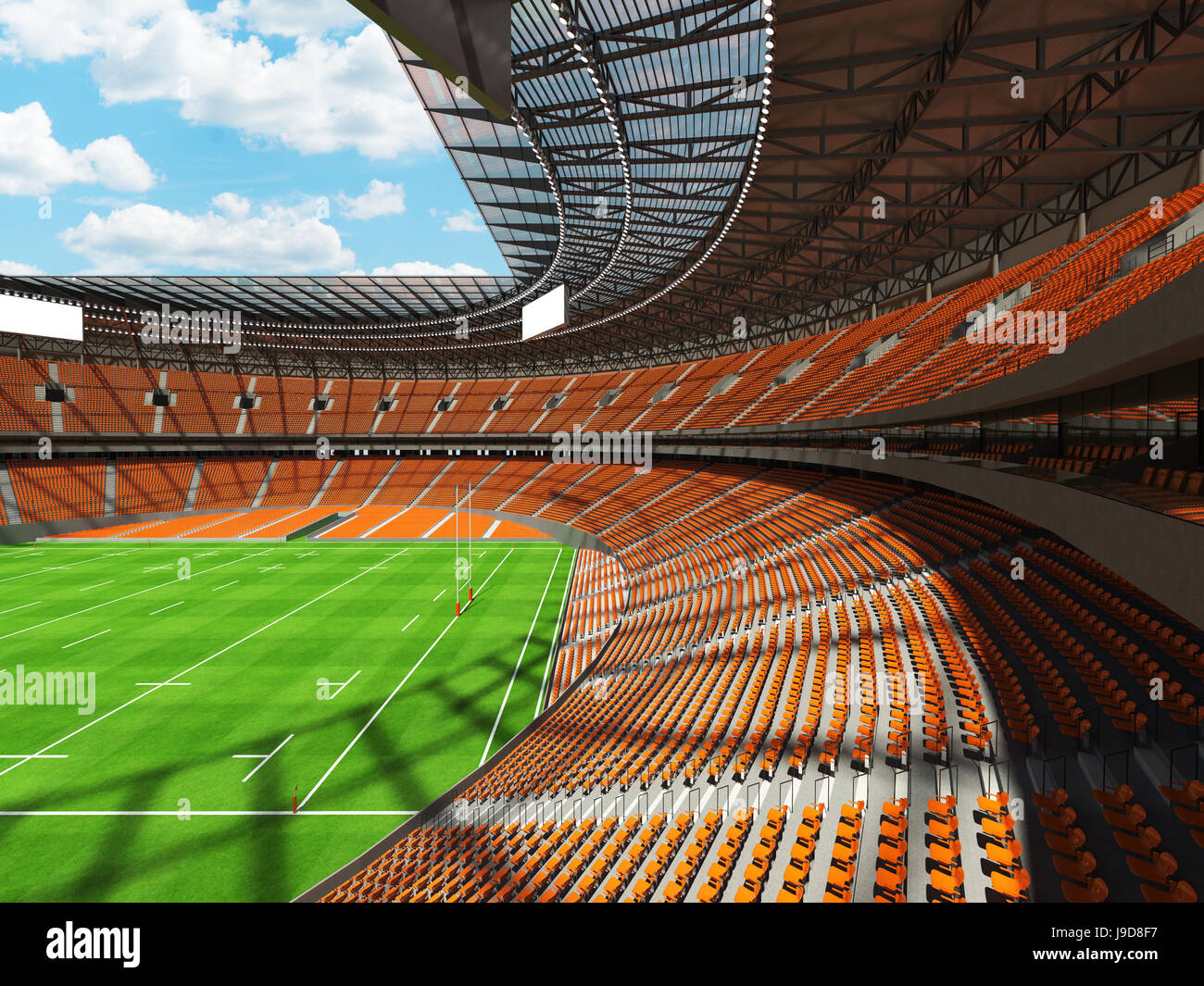 3D render of a round rugby stadium with orange seats and VIP boxes for ...