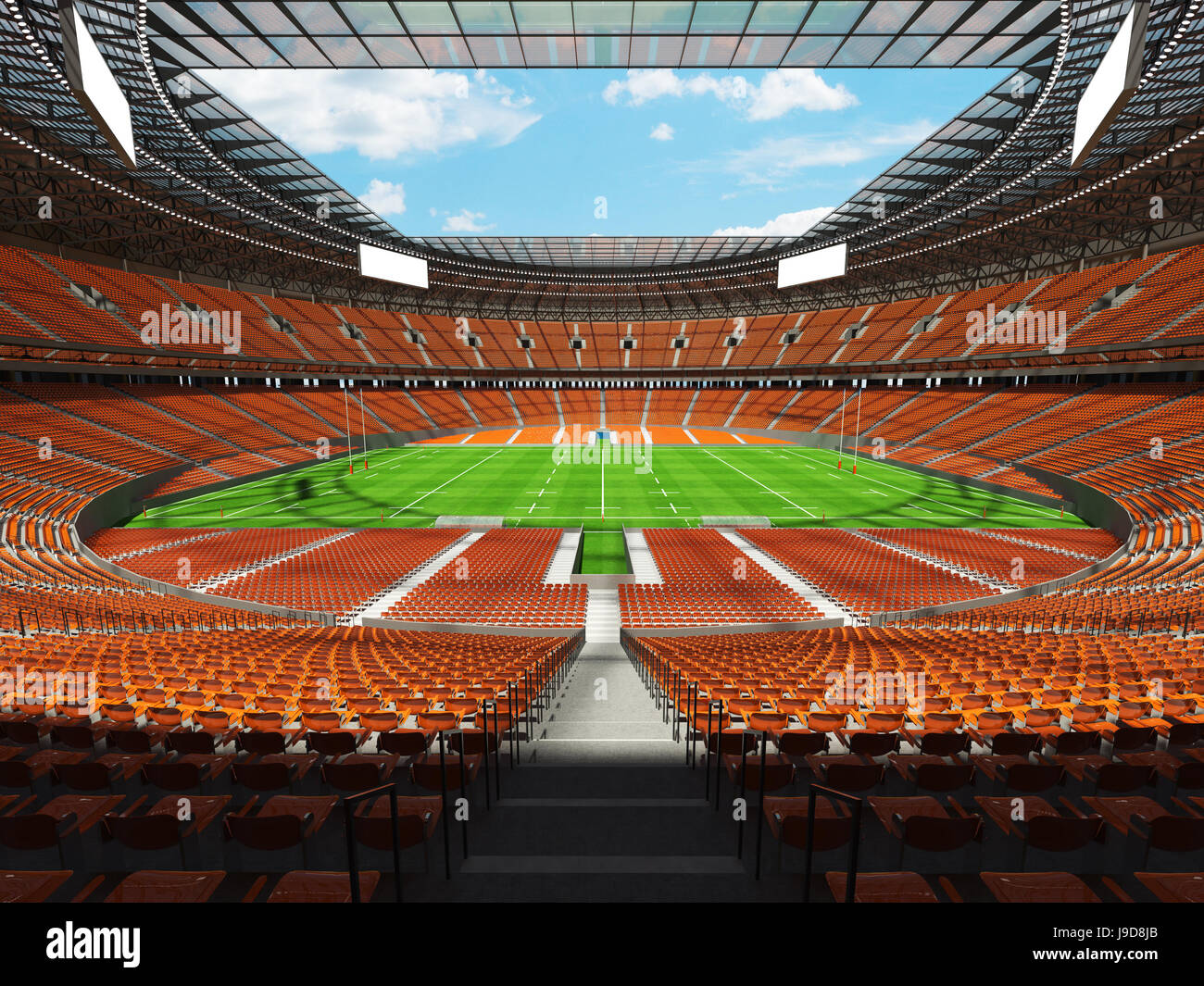 3D render of a round rugby stadium with orange seats and VIP boxes for ...