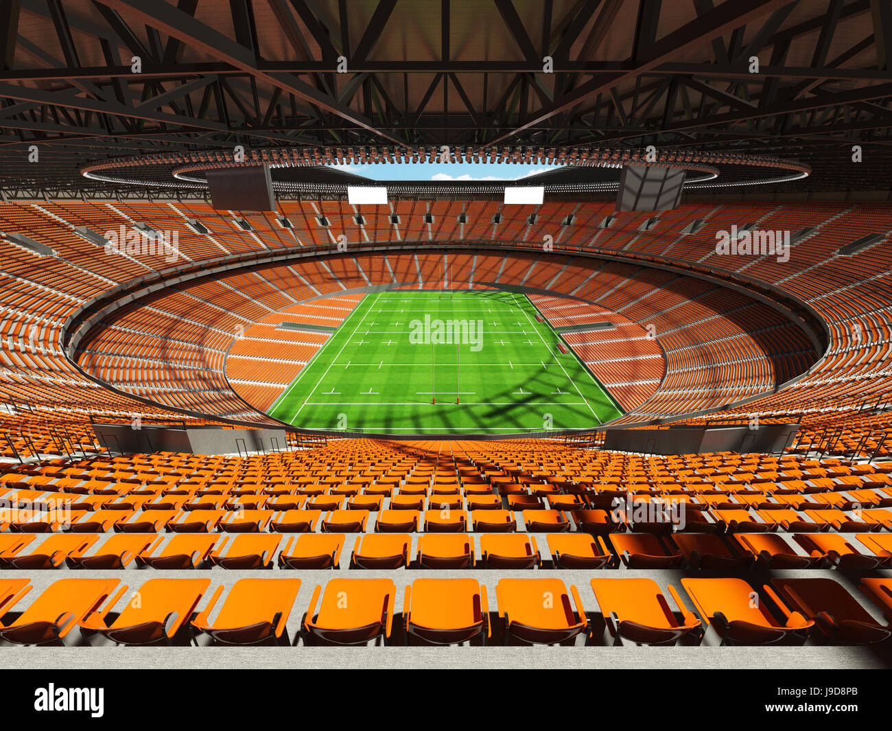 3D render of a round rugby stadium with orange seats and VIP boxes for ...