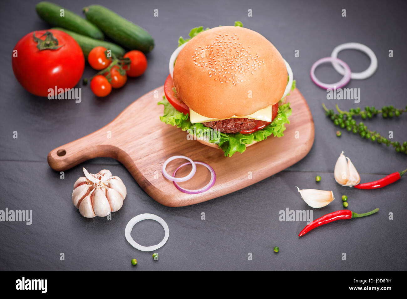 Homemade burger on table. Top view, copy space, horizontal Stock Photo ...