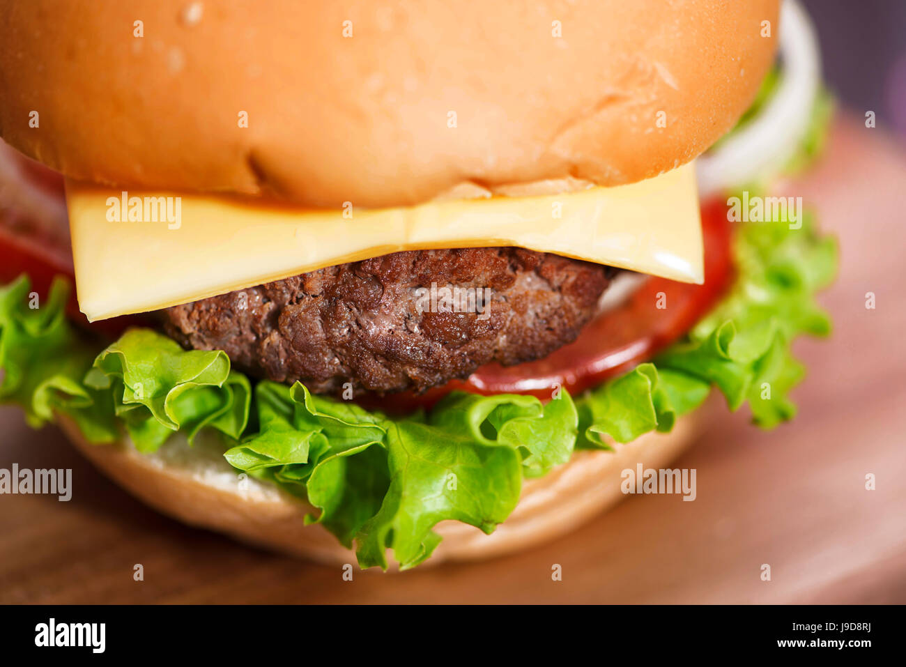 Homemade burger on table. Top view, copy space, horizontal Stock Photo ...