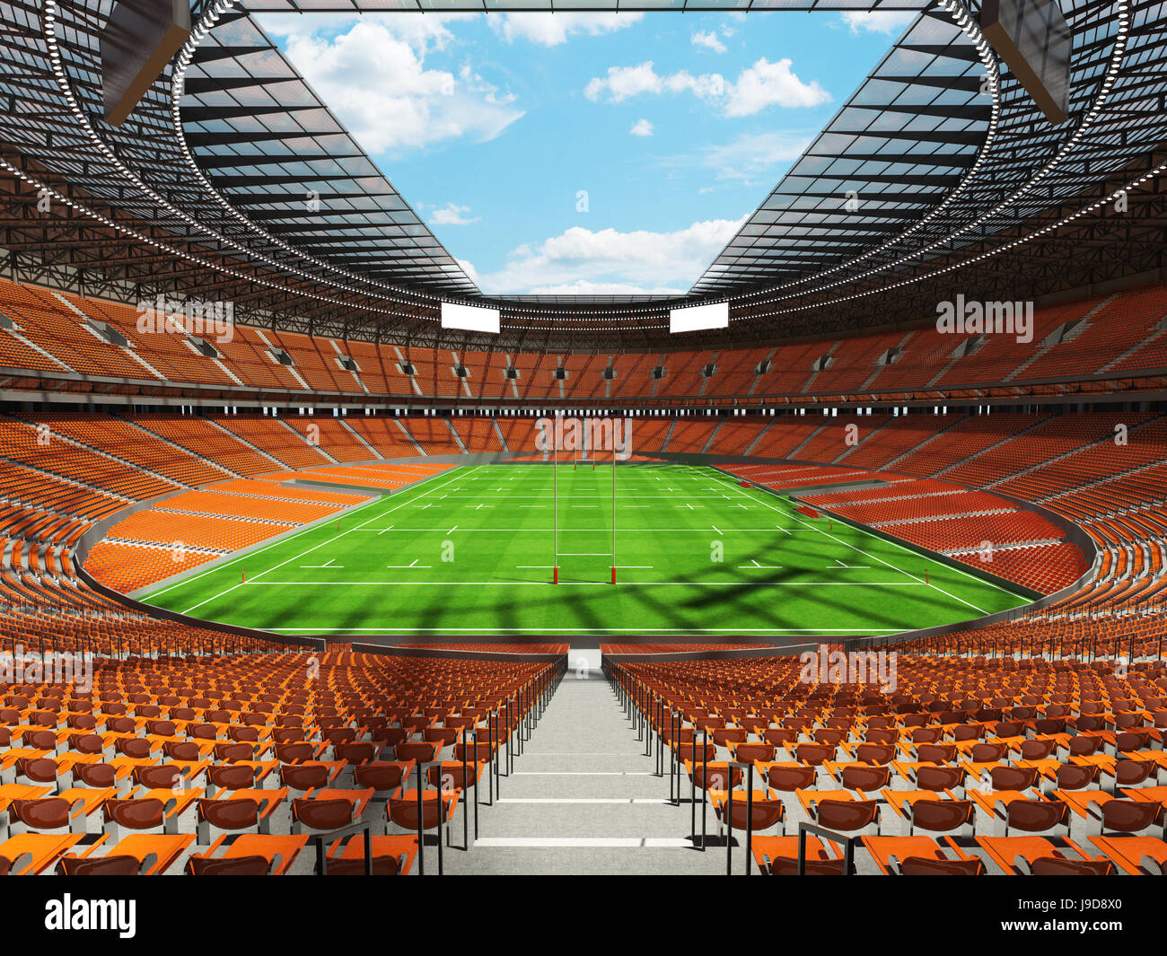 3D render of a round rugby stadium with orange seats and VIP boxes for ...