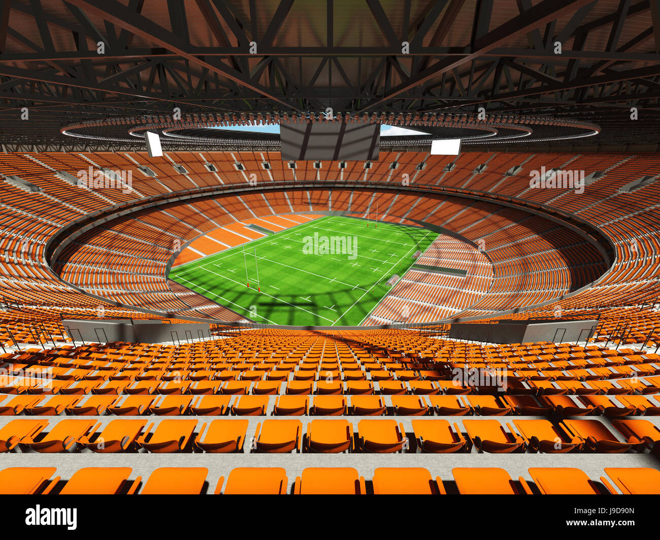 3D render of a round rugby stadium with orange seats and VIP boxes for ...