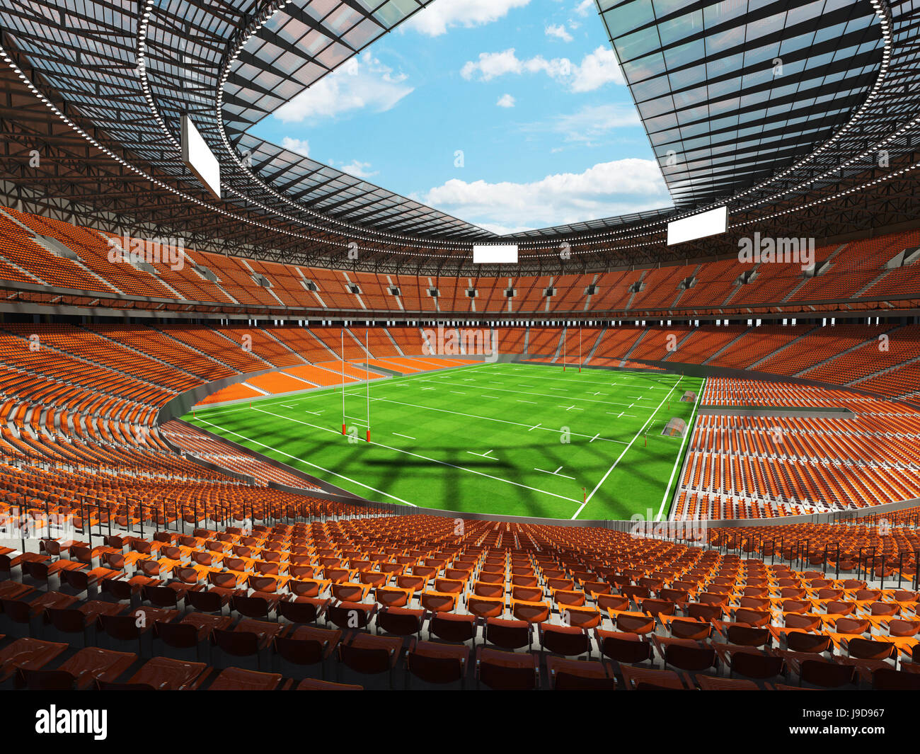 3D render of a round rugby stadium with orange seats and VIP boxes for ...