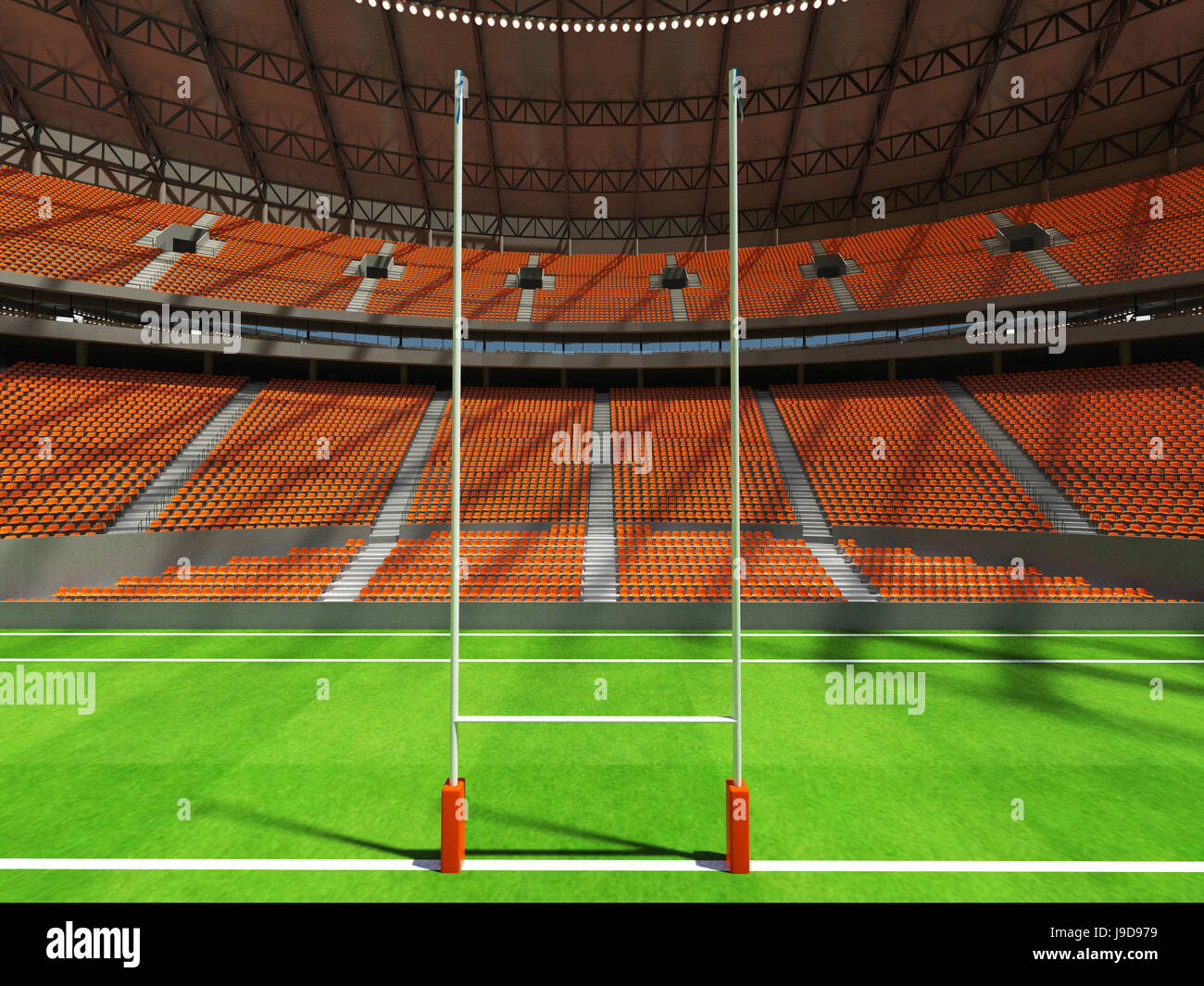 3D render of a round rugby stadium with orange seats and VIP boxes for ...