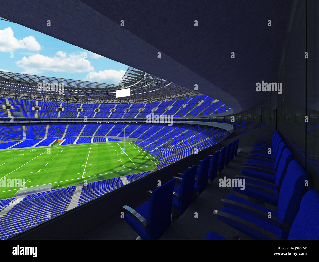 3D render of a round rugby stadium with blue seats and VIP boxes for ...