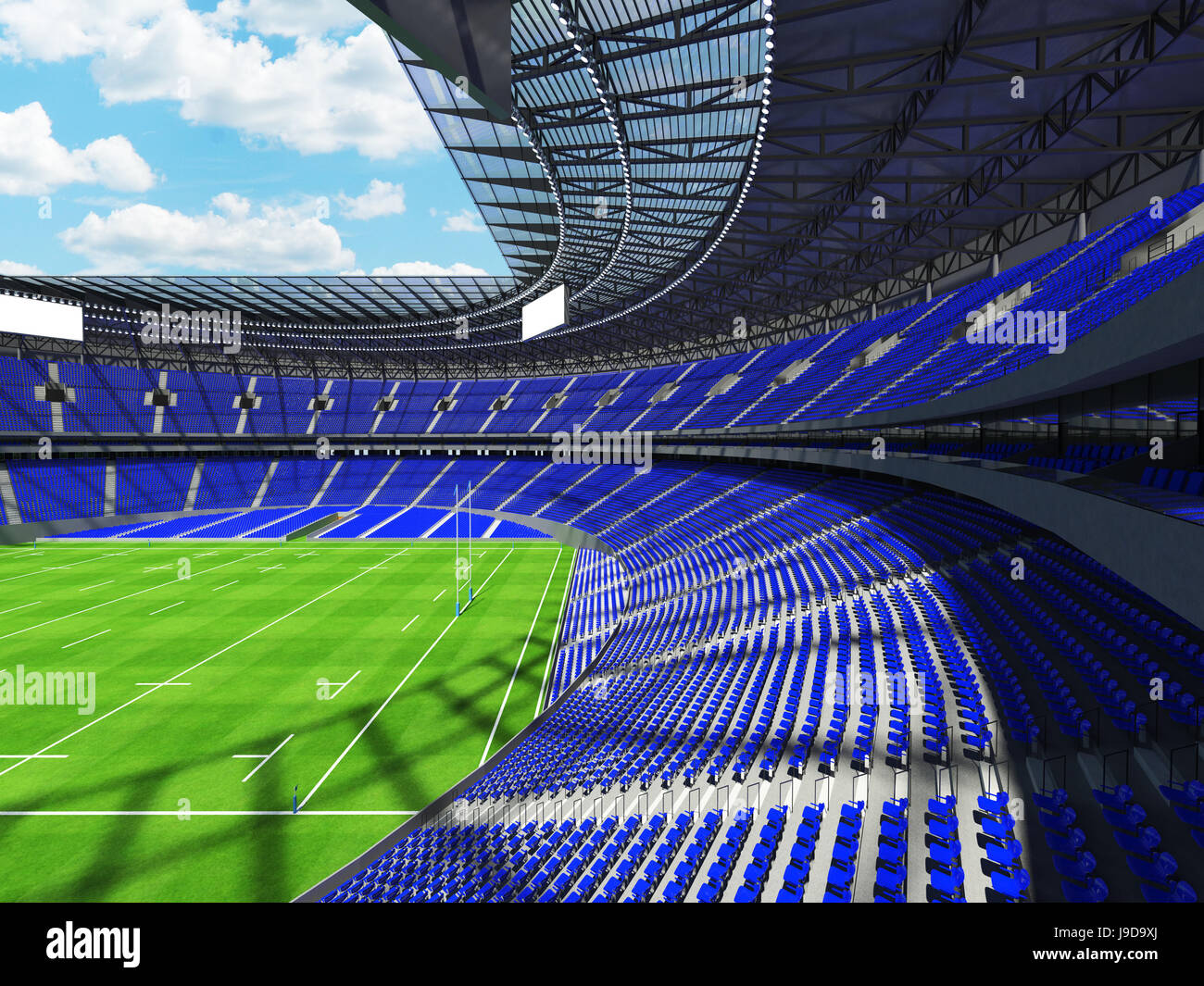 3D render of a round rugby stadium with blue seats and VIP boxes for ...