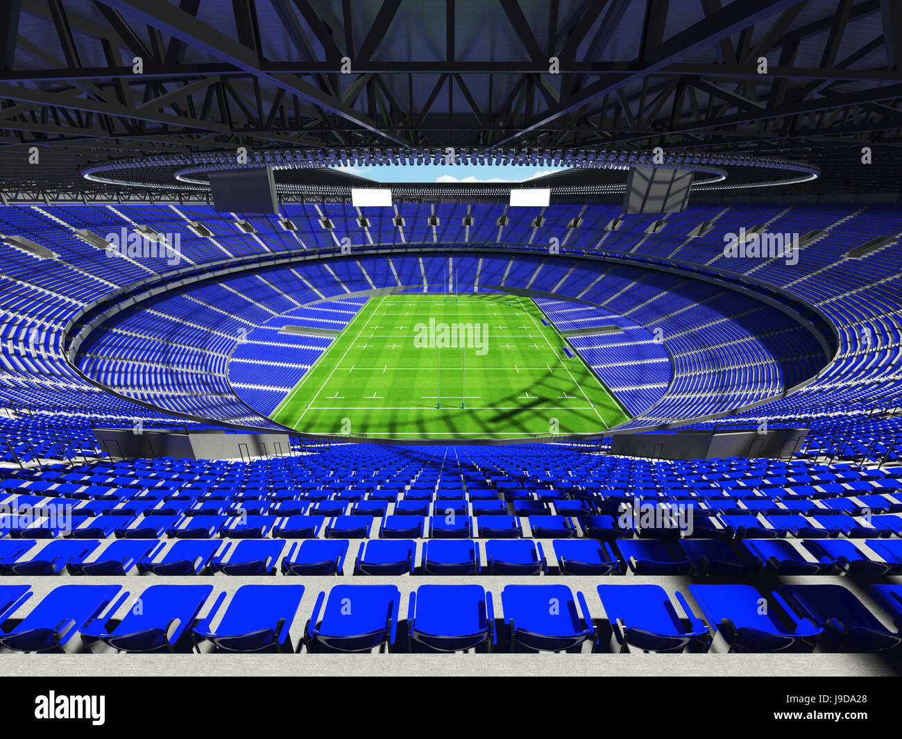 3D render of a round rugby stadium with blue seats and VIP boxes for ...