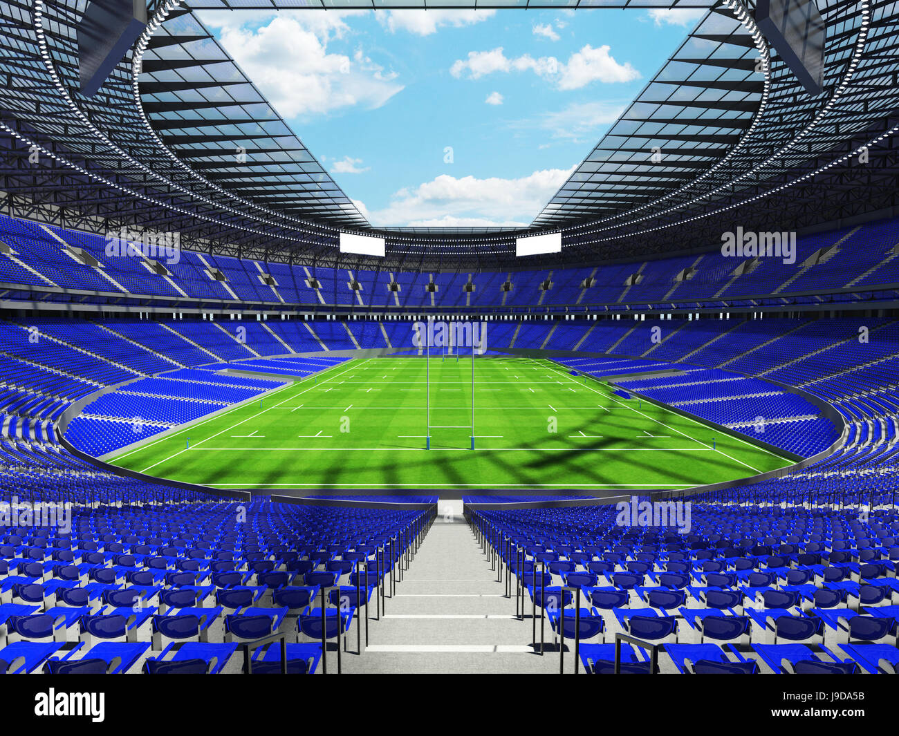 3D render of a round rugby stadium with blue seats and VIP boxes for ...