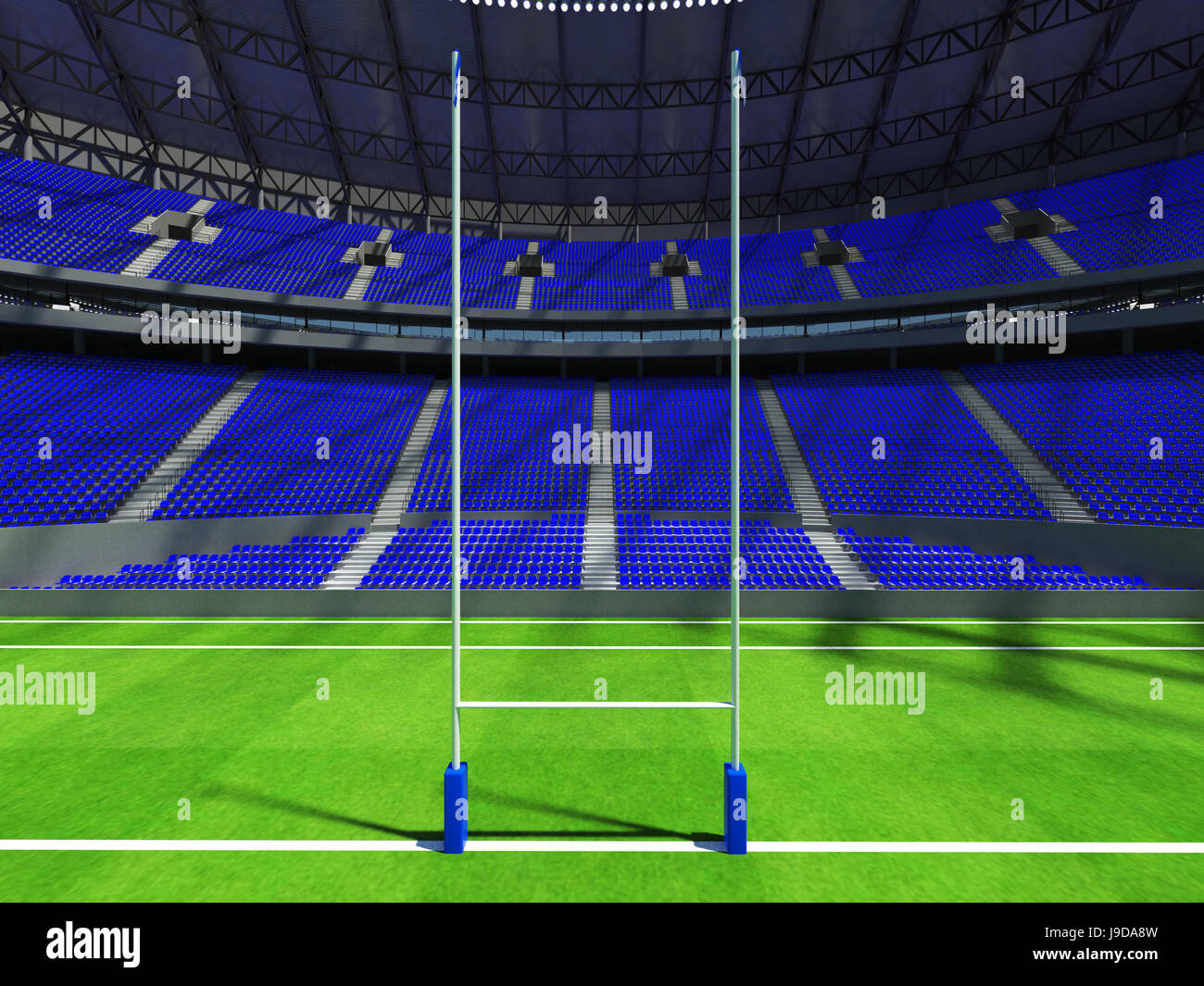 3D render of a round rugby stadium with blue seats and VIP boxes for ...