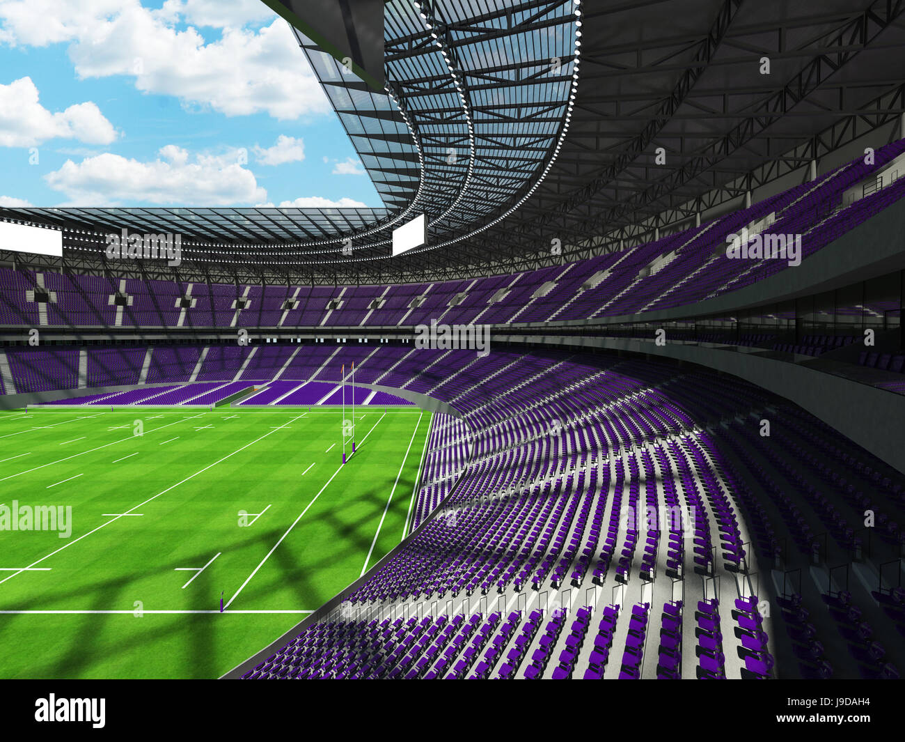 3D render of a round rugby stadium with purple seats and VIP boxes for ...