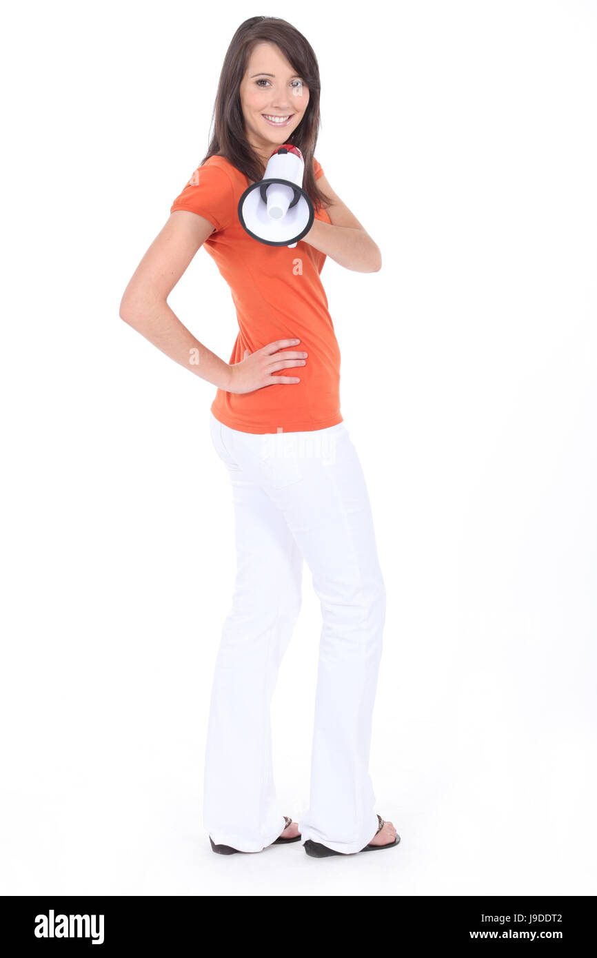 woman, female, loudspeaker, teenager, possession, holding, megaphone ...