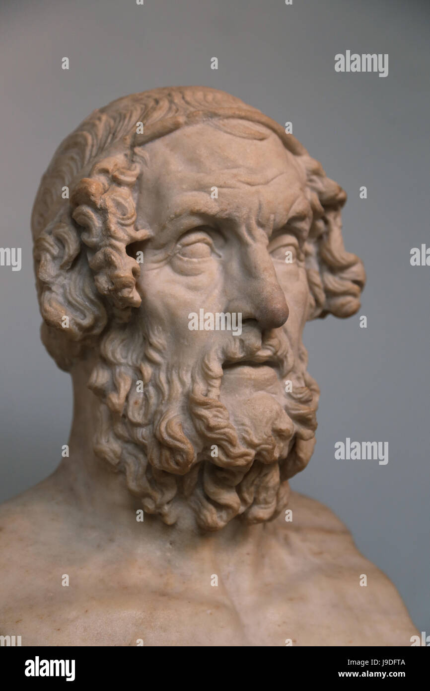Portrait bust of poet Homer. Roman copy of Hellenistic original (2nd C ...
