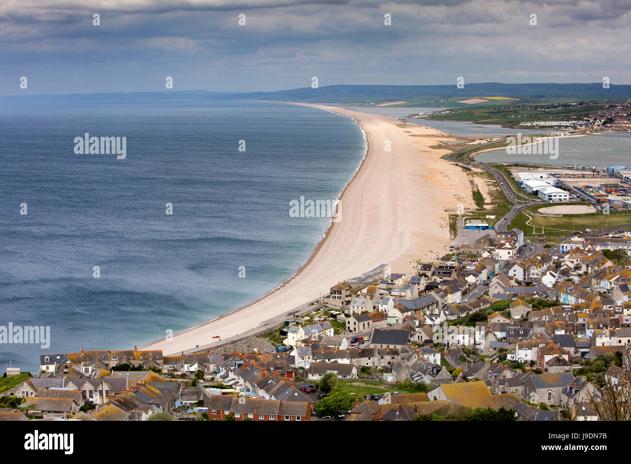 UK England, Dorset, Portland, Chiswell, elevated view of Chesil Beach ...