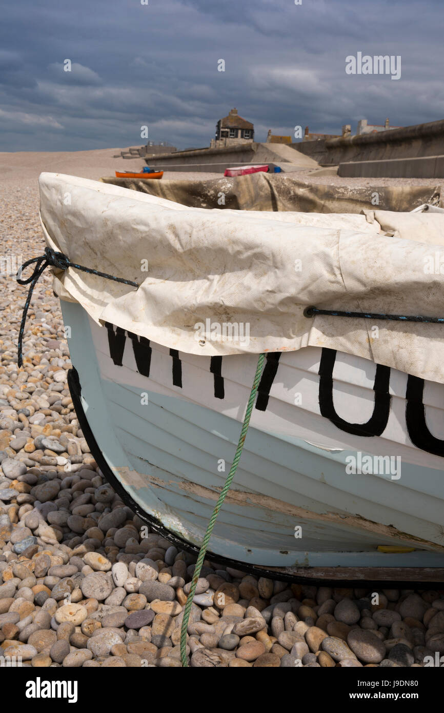 UK England, Dorset, Portland, Chiswell, boats on Chesil Beach covered ...