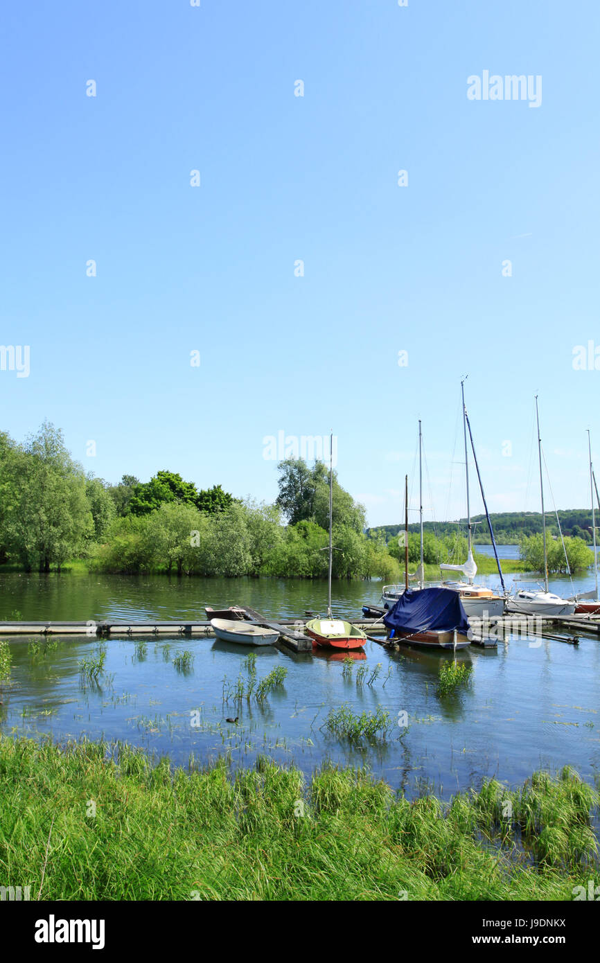 spring, artificial lake, May, sailing boat, sailboat, dam, blue, house ...