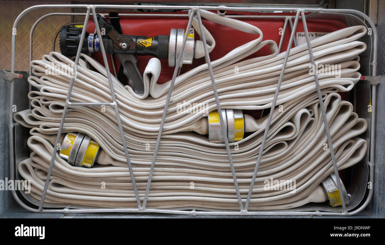 fire brigade, hose, rolled, unrolled, fire brigade, hose, rolled ...