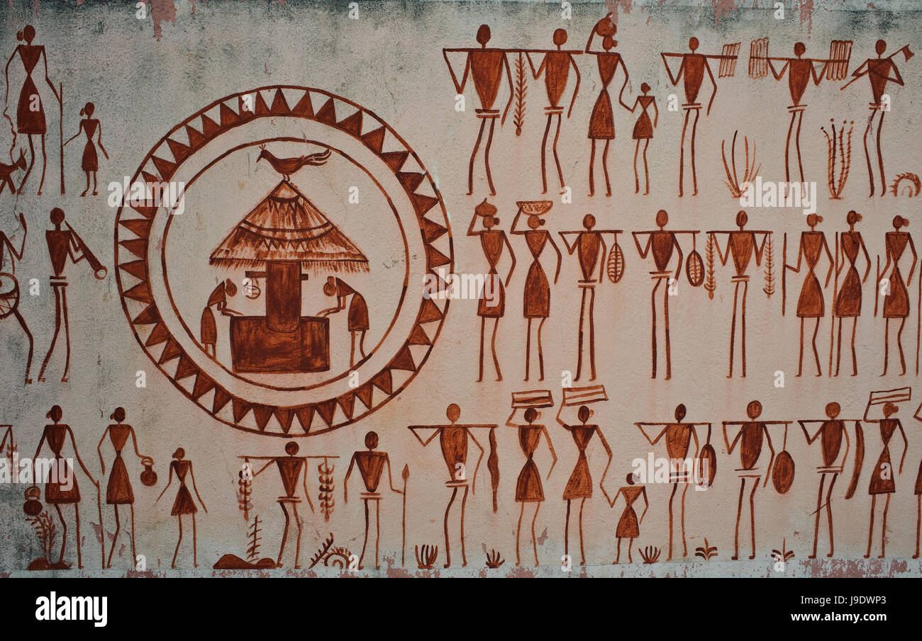 Mural painting depicting tribal people ( India). It is inspired by the ...