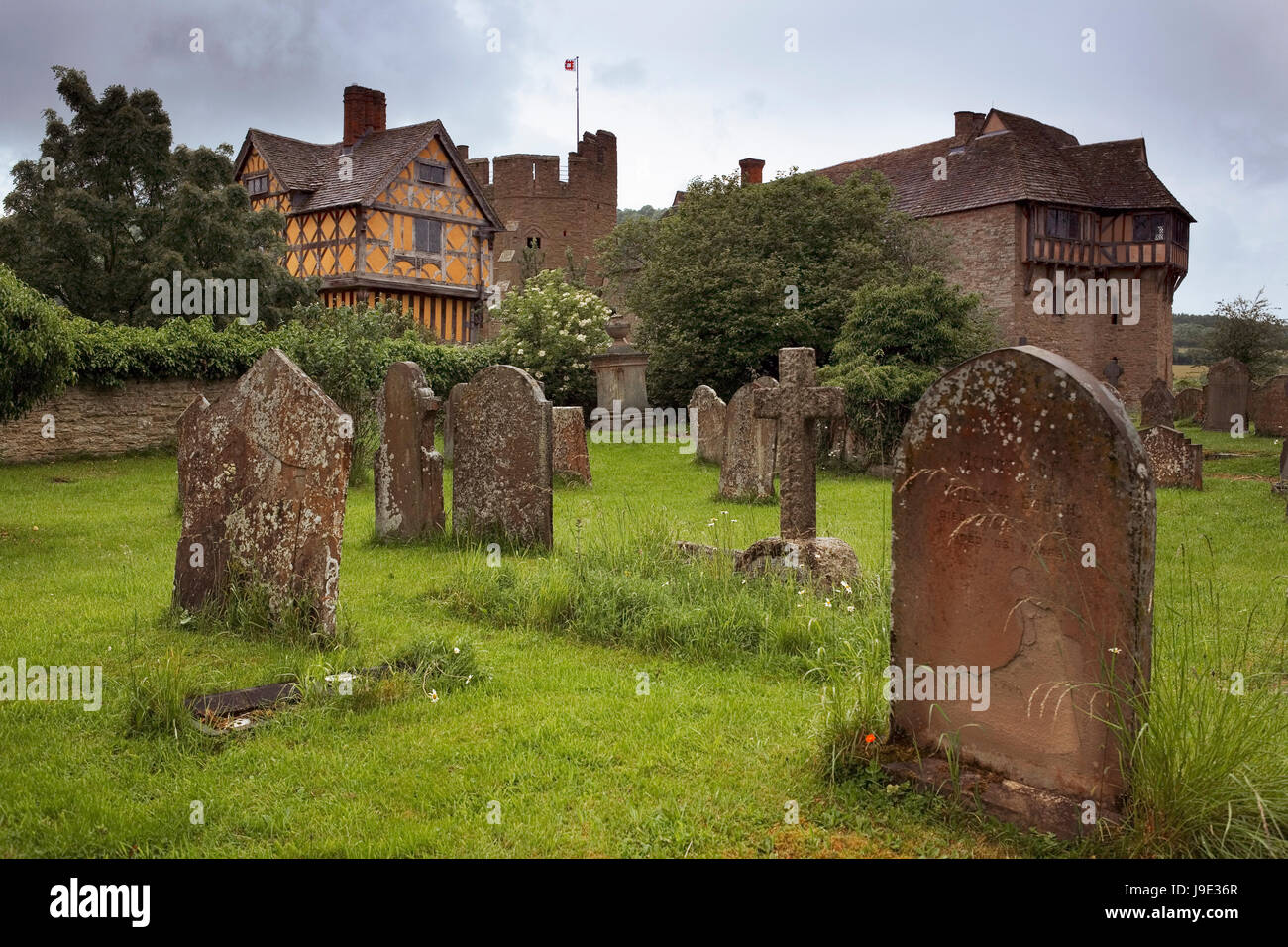 Medieval fortified manor of Stokesay Castle, showing the timber-framed ...