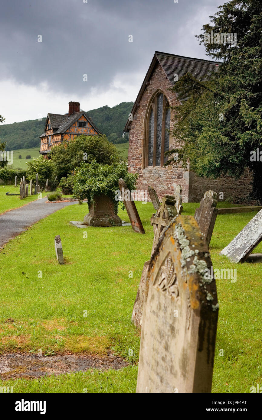 Medieval fortified manor of Stokesay Castle, showing the timber-framed ...