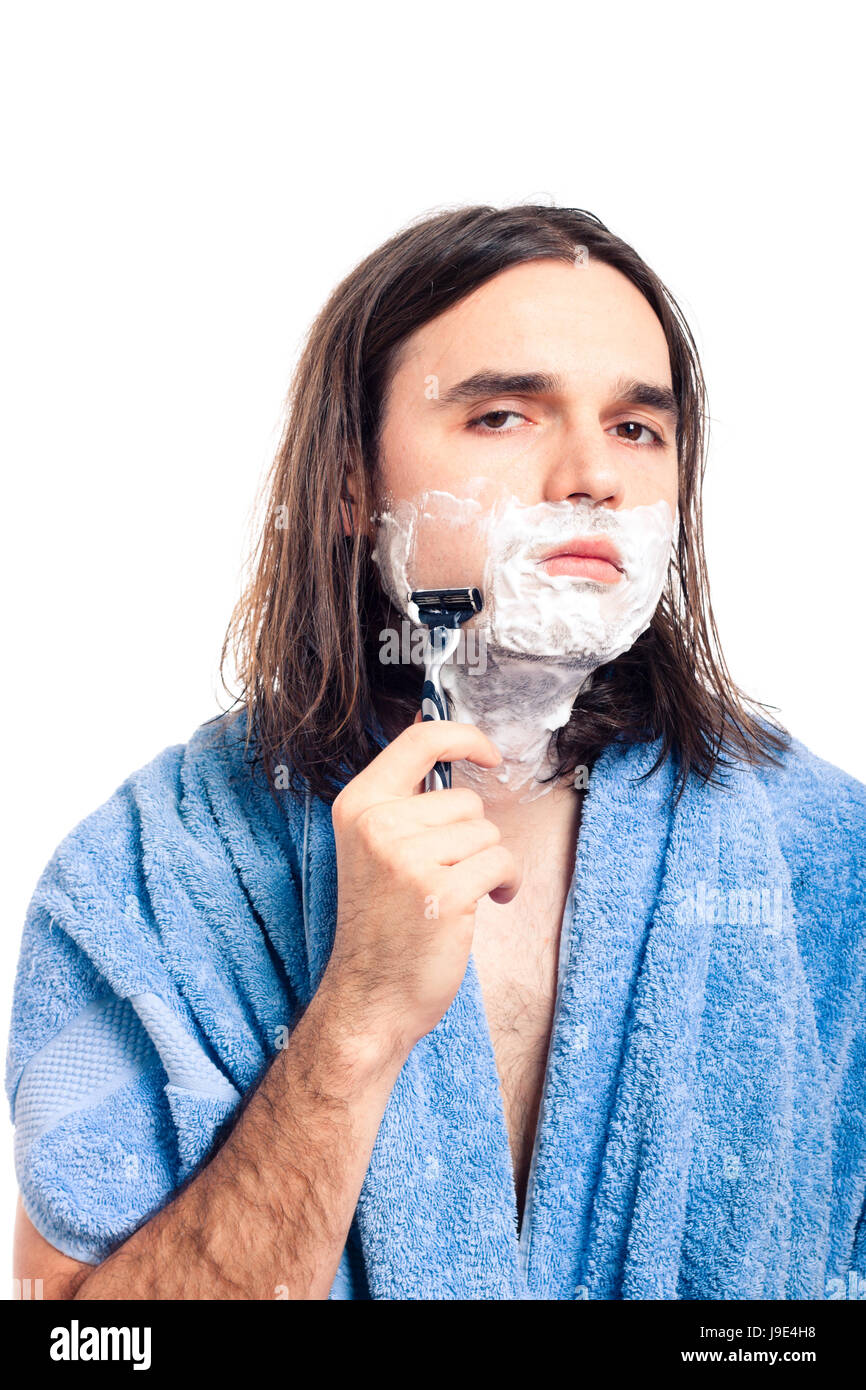 foam, haired, long, after, razor, shaving, man, blue, humans, human ...