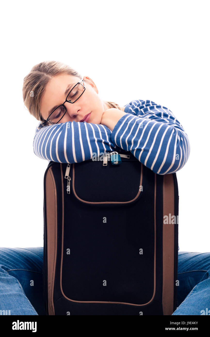 woman, sleep, sleeping, tourist, tired, traveller, exhausted, luggage ...