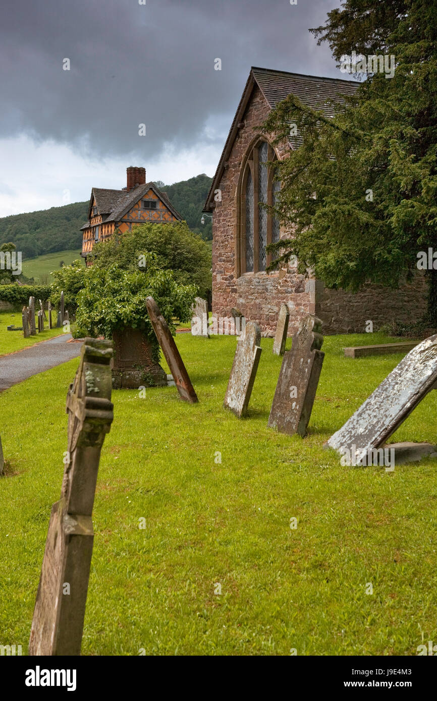 Medieval fortified manor of Stokesay Castle, showing the timber-framed ...