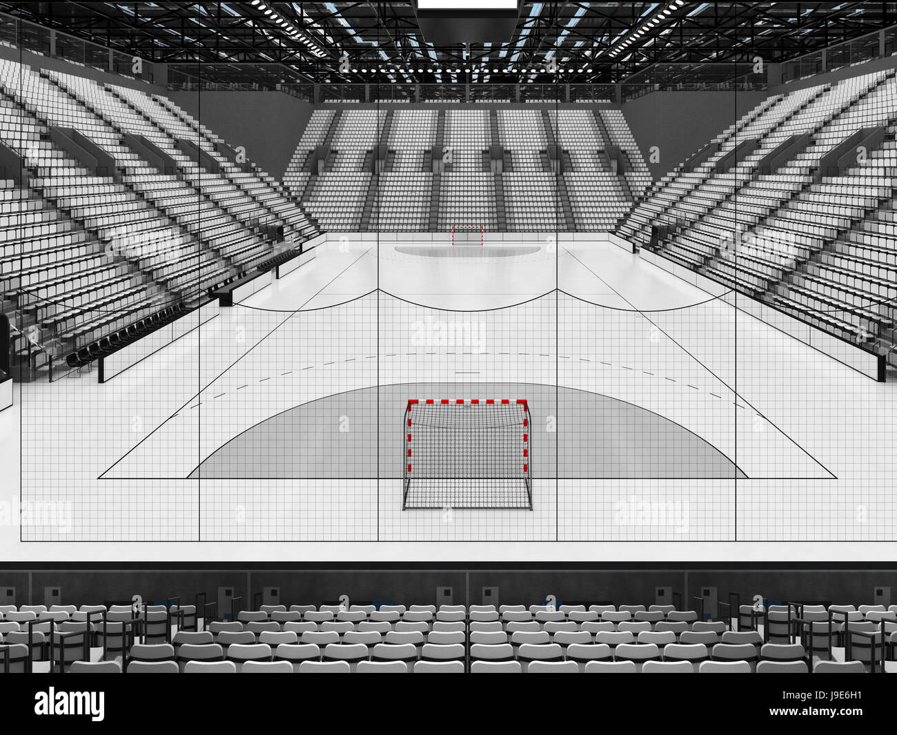 Beautiful sports arena for handball with white seats and VIP boxes ...