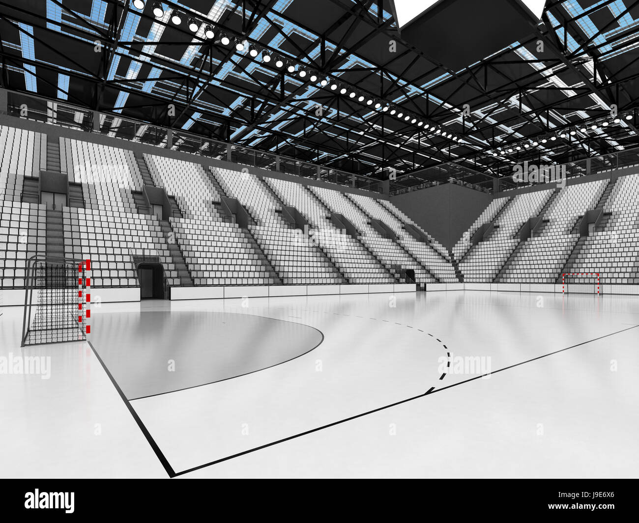 Beautiful sports arena for handball with white seats and VIP boxes ...